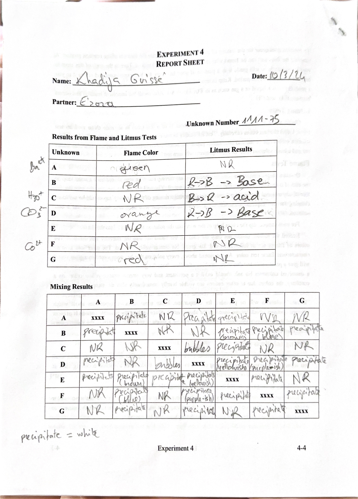 Lab report result sheet - EXPERIMENT 4 REPORT SHEET Name: Khadija Guisse Date: Partner: Ezora ...