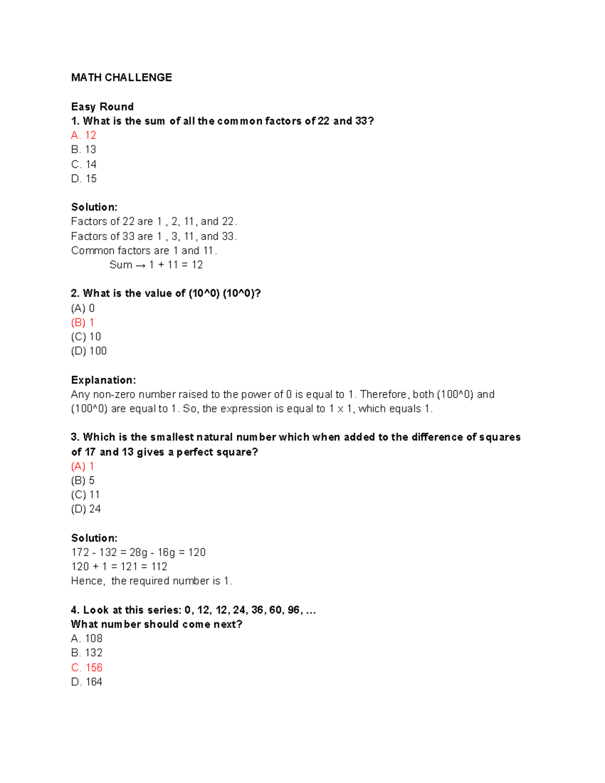 MATH- Challenge - MATH CHALLENGE Easy Round What is the sum of all the ...