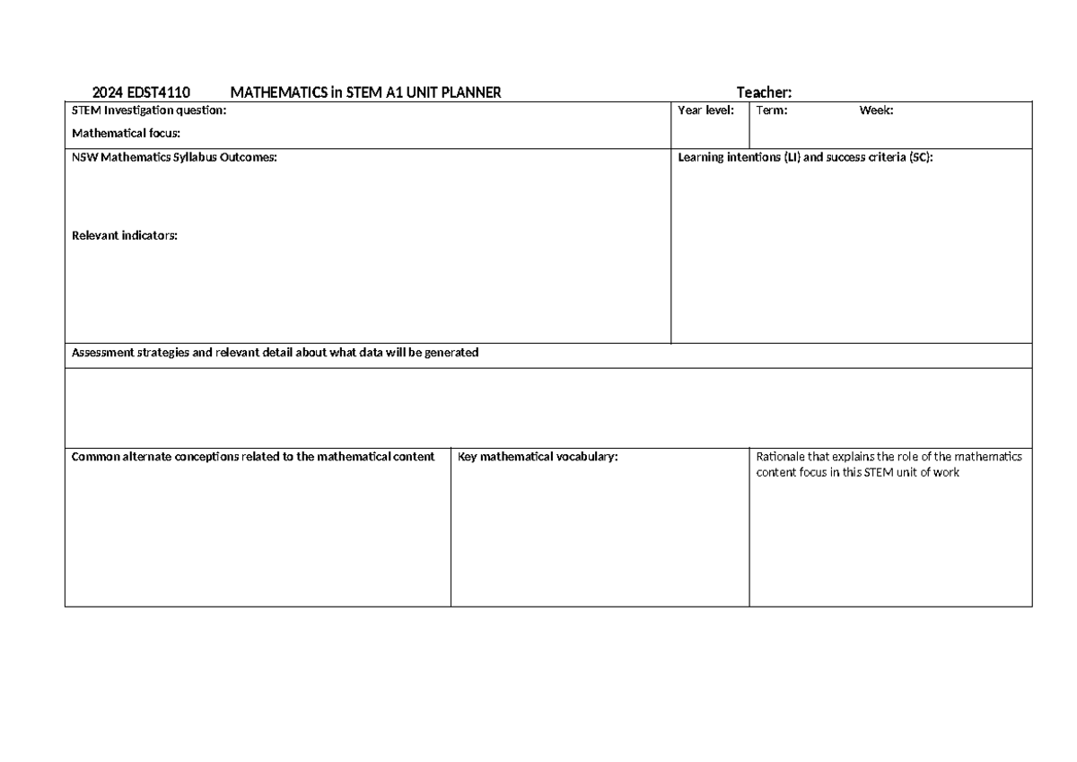 2024 Unit Planner Template - 2024 EDST4110 MATHEMATICS in STEM A1 UNIT ...