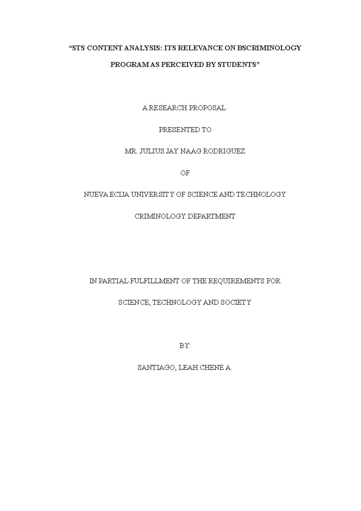 MY- Thesis- Proposal - Research - “STS CONTENT ANALYSIS: ITS RELEVANCE ...