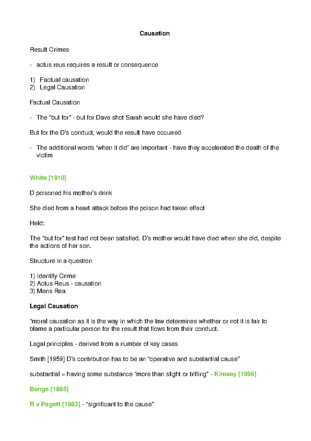 Causation Lecture Notes 1 Causation Result Crimes Actus Reus Requires A Result Or
