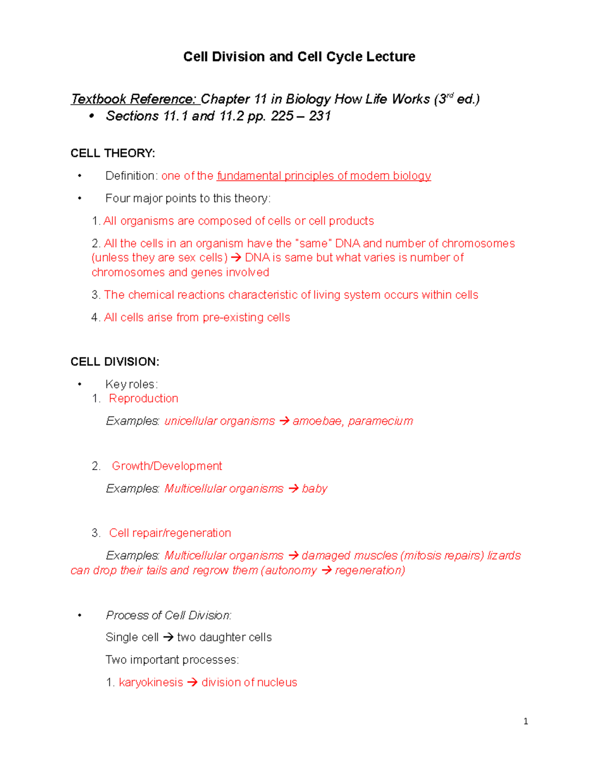 CH11 Cell Division and Cell Cycle WF Notes 2019 - Cell Division and ...