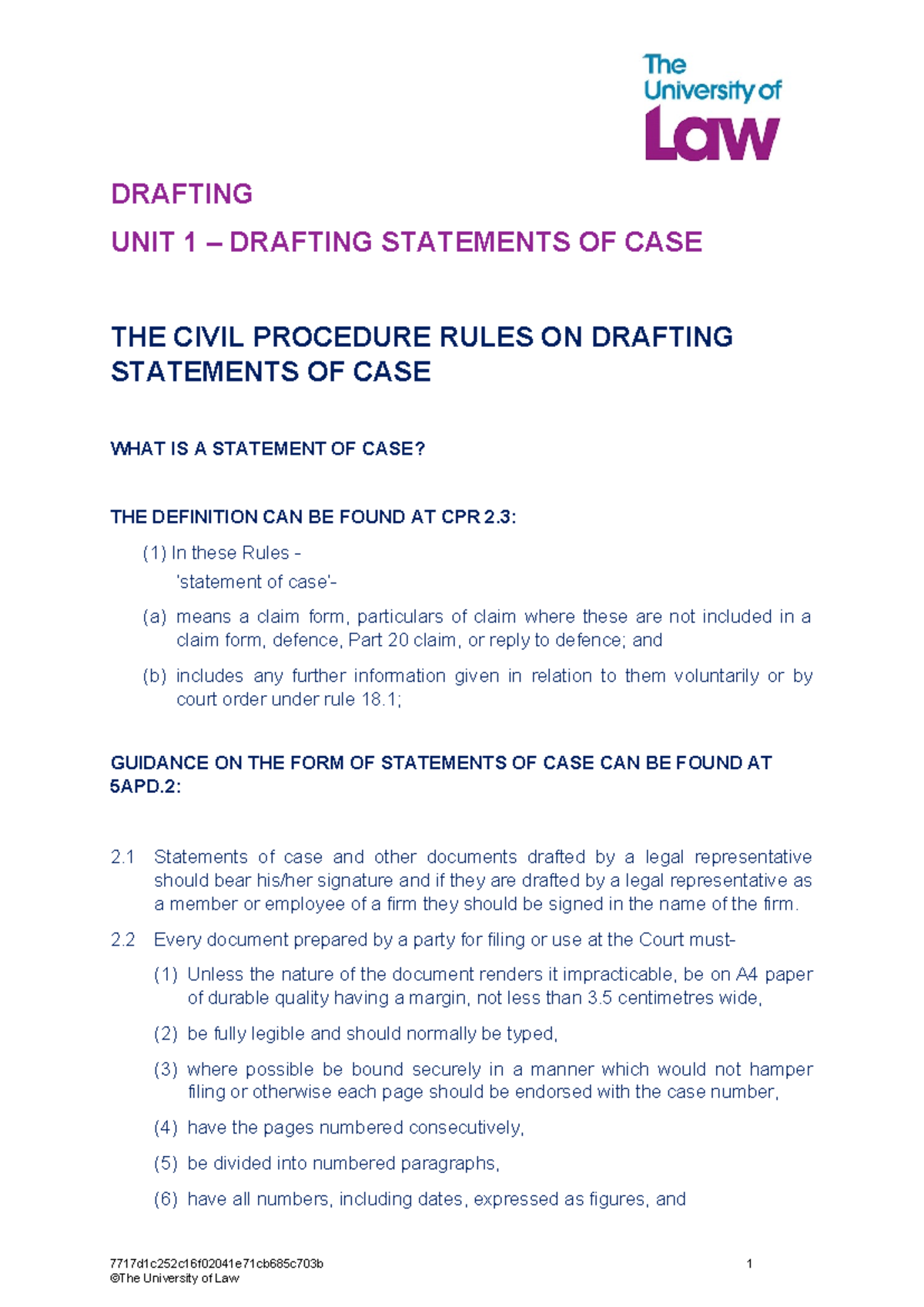2324 dr unit01 ce01 cpr rules drafting statements of case - DRAFTING ...
