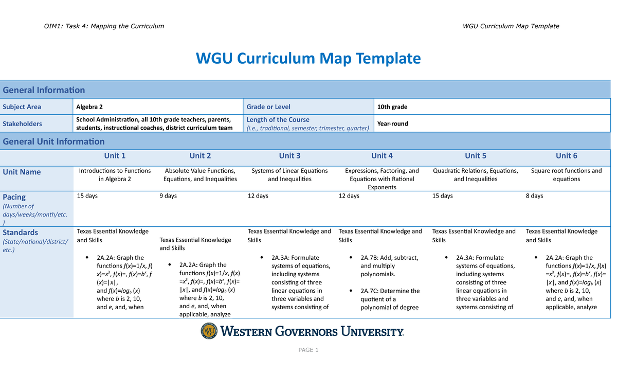 Task 4 (Passed) - WGU Curriculum Map Template General Information ...