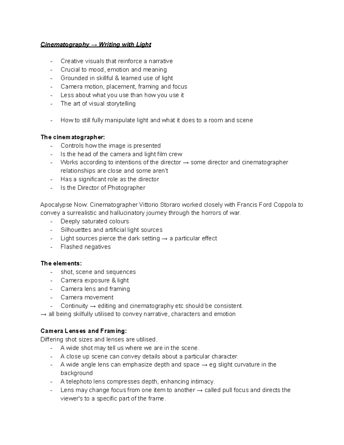 Week 3 - image and sound lectures - Cinematography → Writing with Light ...