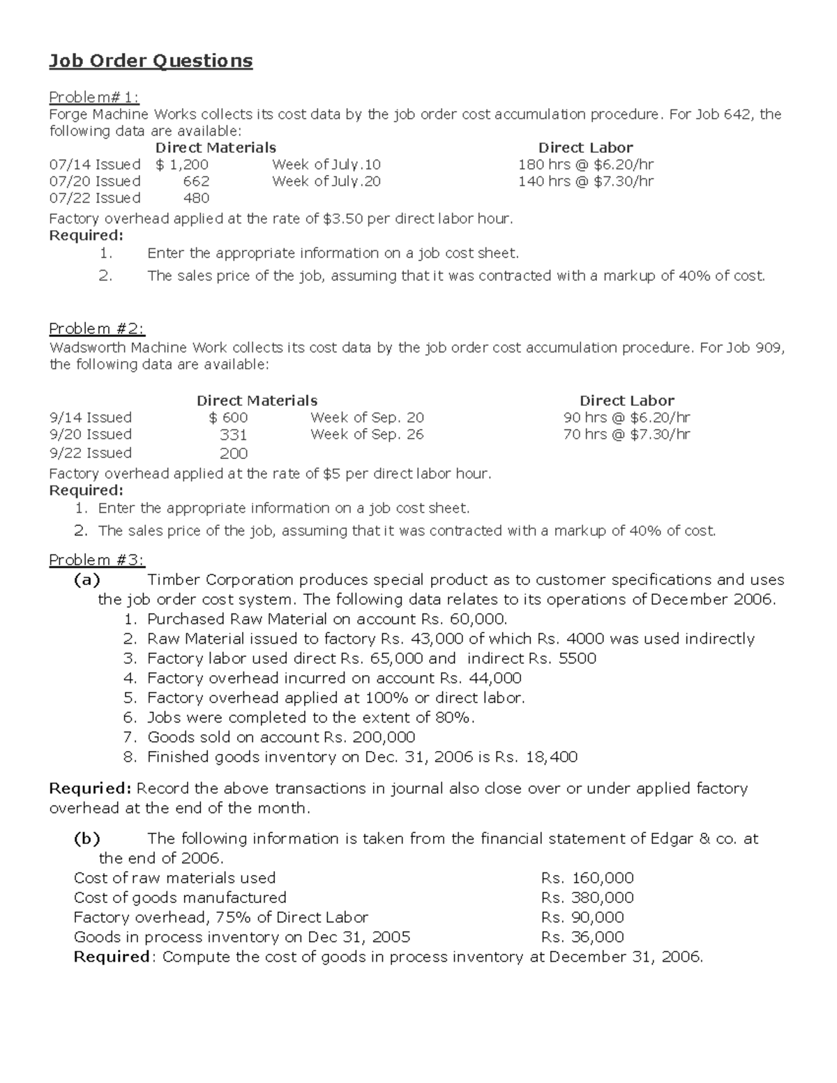 2. Job Order Costing Problems - Job Order Questions Problem#1: Forge ...