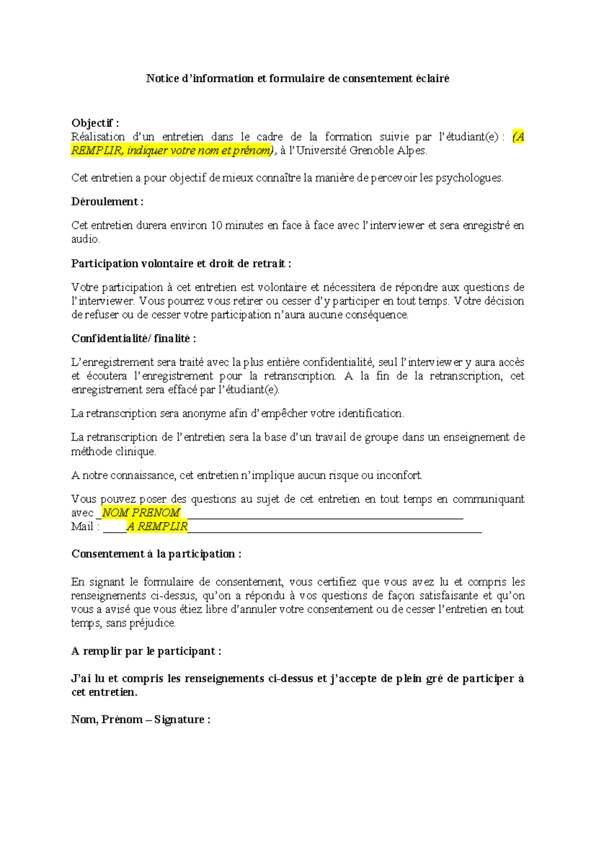 Consentement entretien - Notice d’information et formulaire de ...
