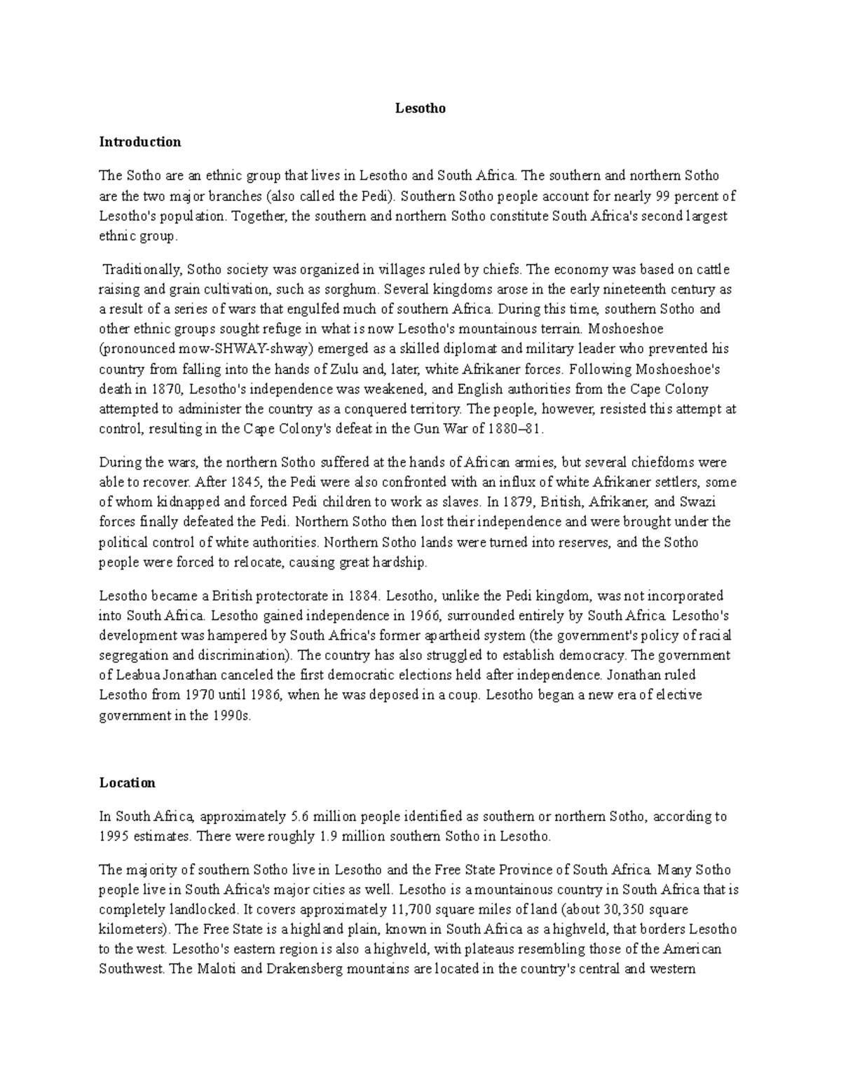 LESOTHO Mythology - Lesotho Introduction The Sotho are an ethnic group ...