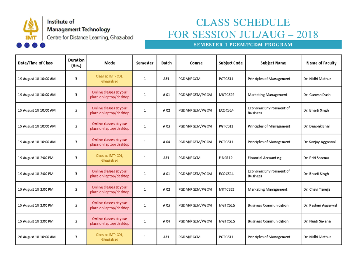 Class Schedule for Semester 1 - CLASS SCHEDULE FOR SESSION JUL/AUG ...