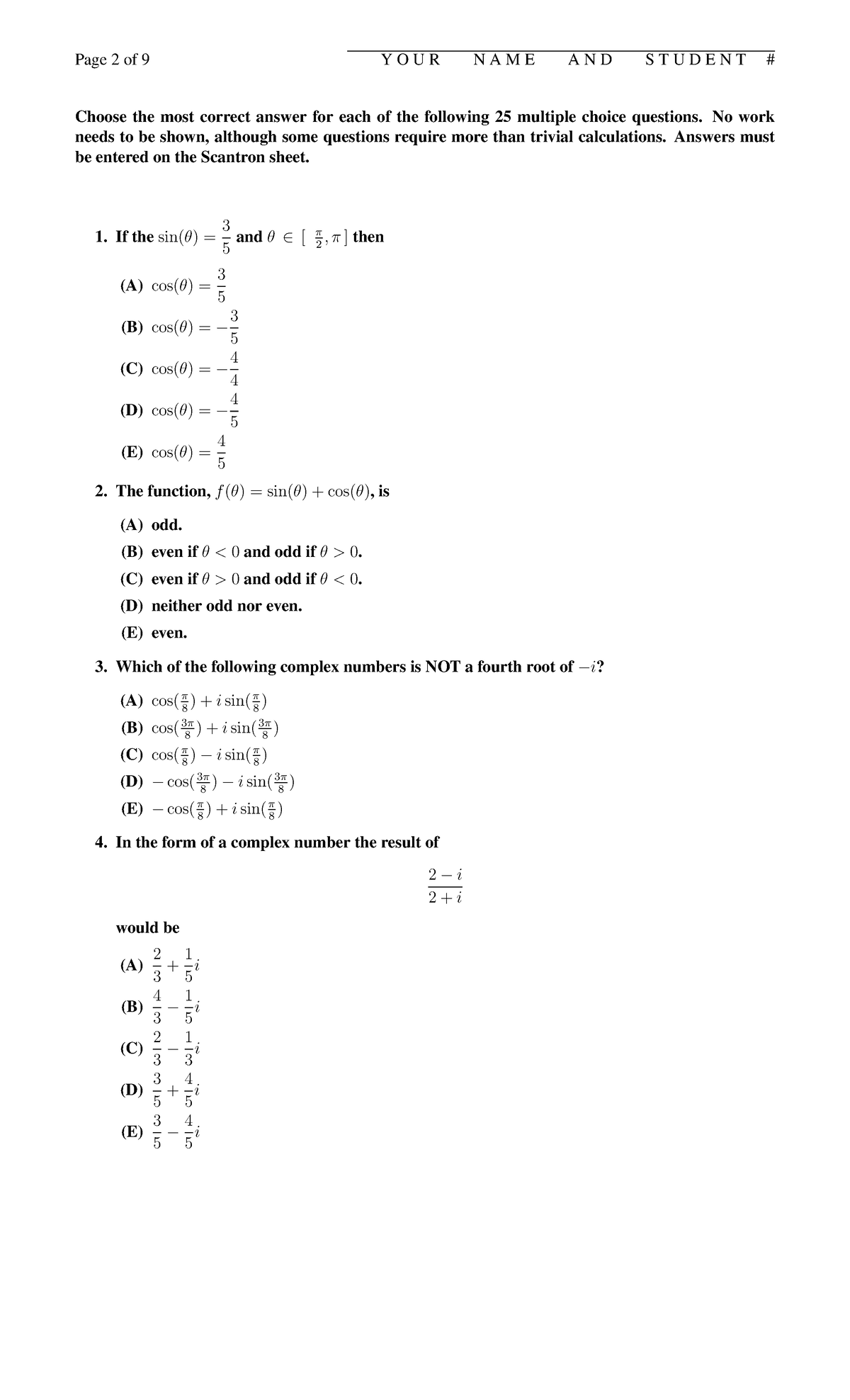 Calculus midterm - Choose the most correct answer for each of the ...