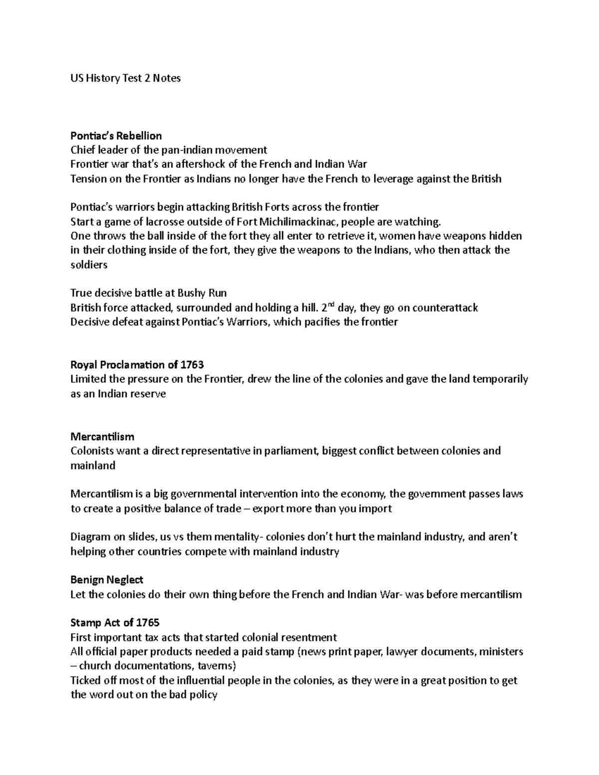 US History Test 2 Notes - US History Test 2 Notes Pontiac’s Rebellion ...
