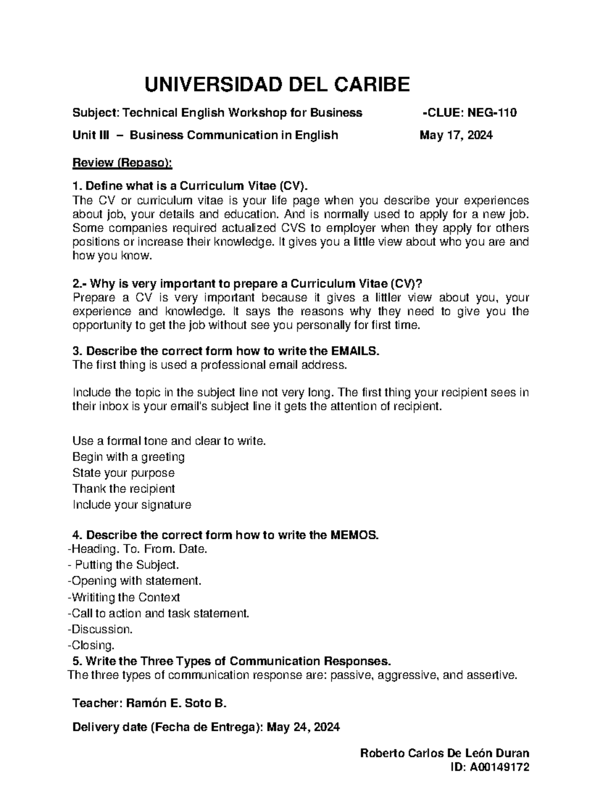 DE LEON Duran- Roberto Carlos-Tarea III - UNIVERSIDAD DEL CARIBE Subject: Technical English ...