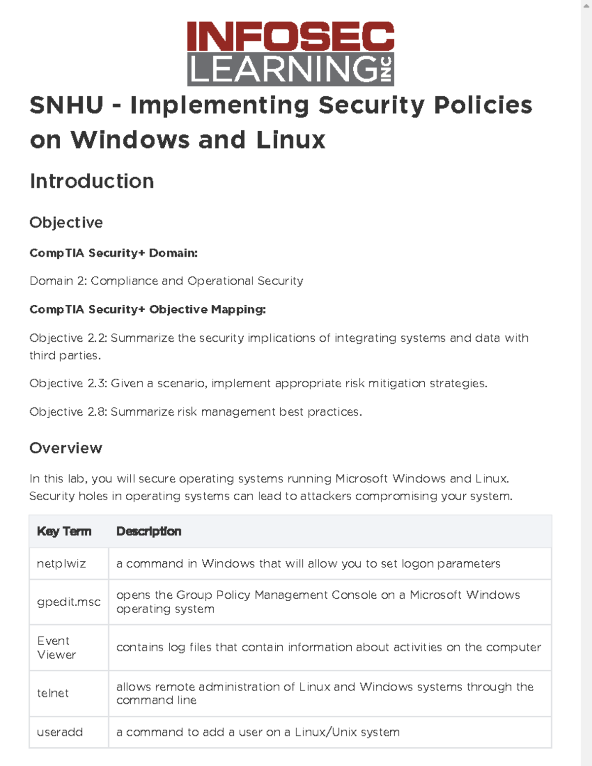 Lab instructions snhu implementing security policies on windows and linux - SNHU - Implementing ...