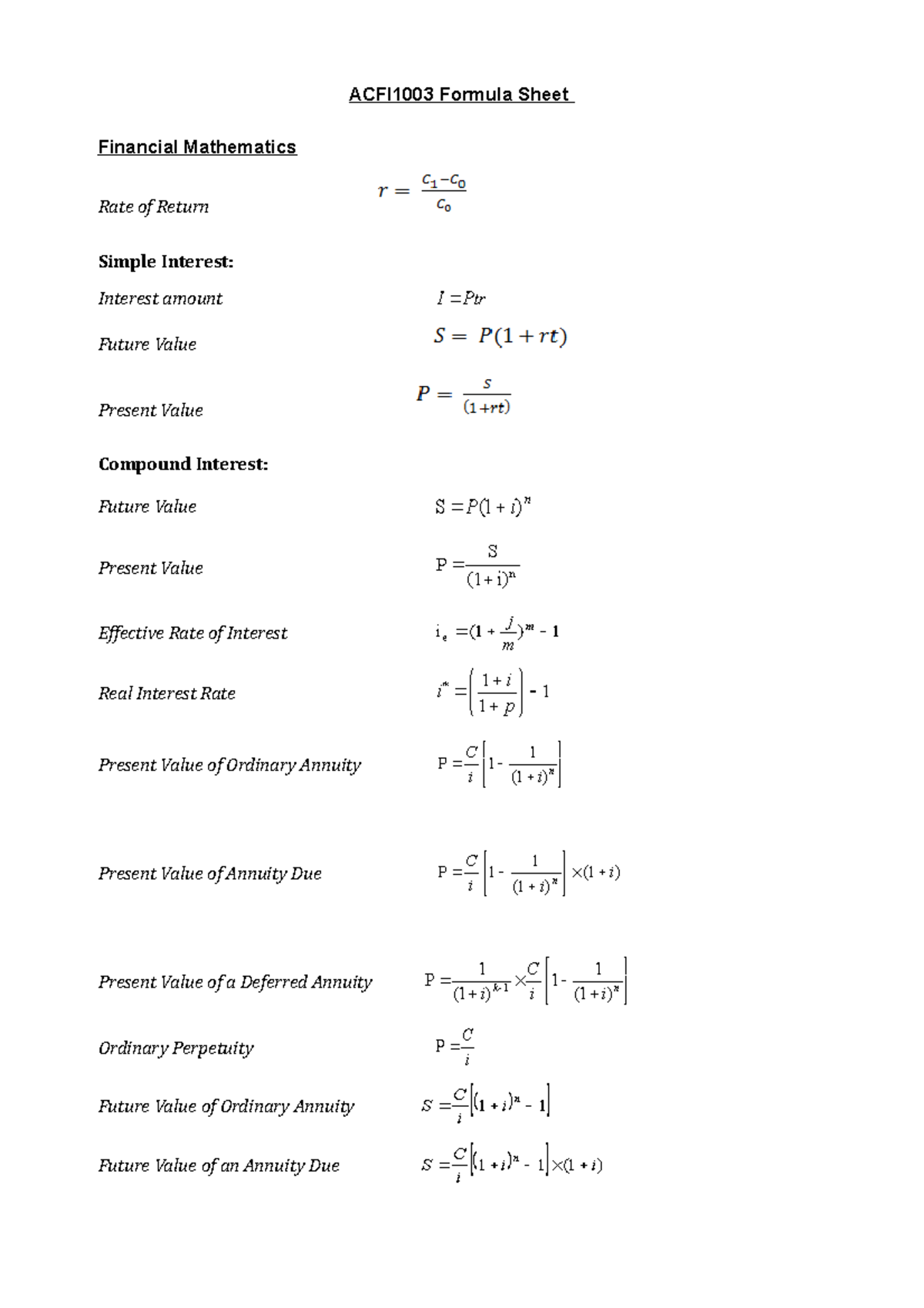 ACFI1003 Formula Sheet ACFI1003 Formula Sheet Financial Mathematics 
