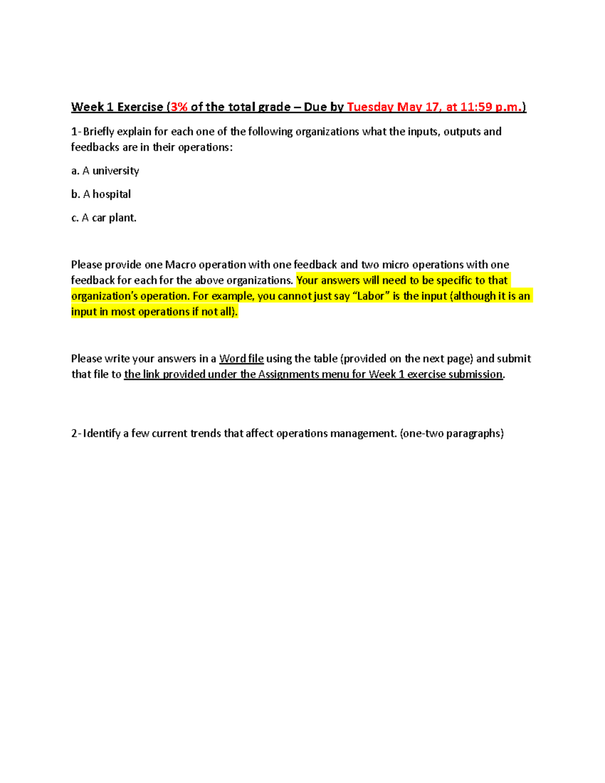 Week 1 Exercise - assignment - Week 1 Exercise (3% of the total grade ...