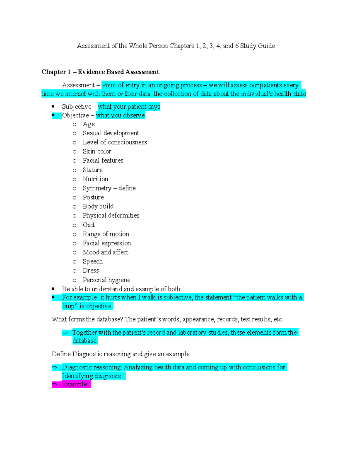 AWP Study guide - Assessment of the Whole Person Chapters 1, 2, 3, 4 ...
