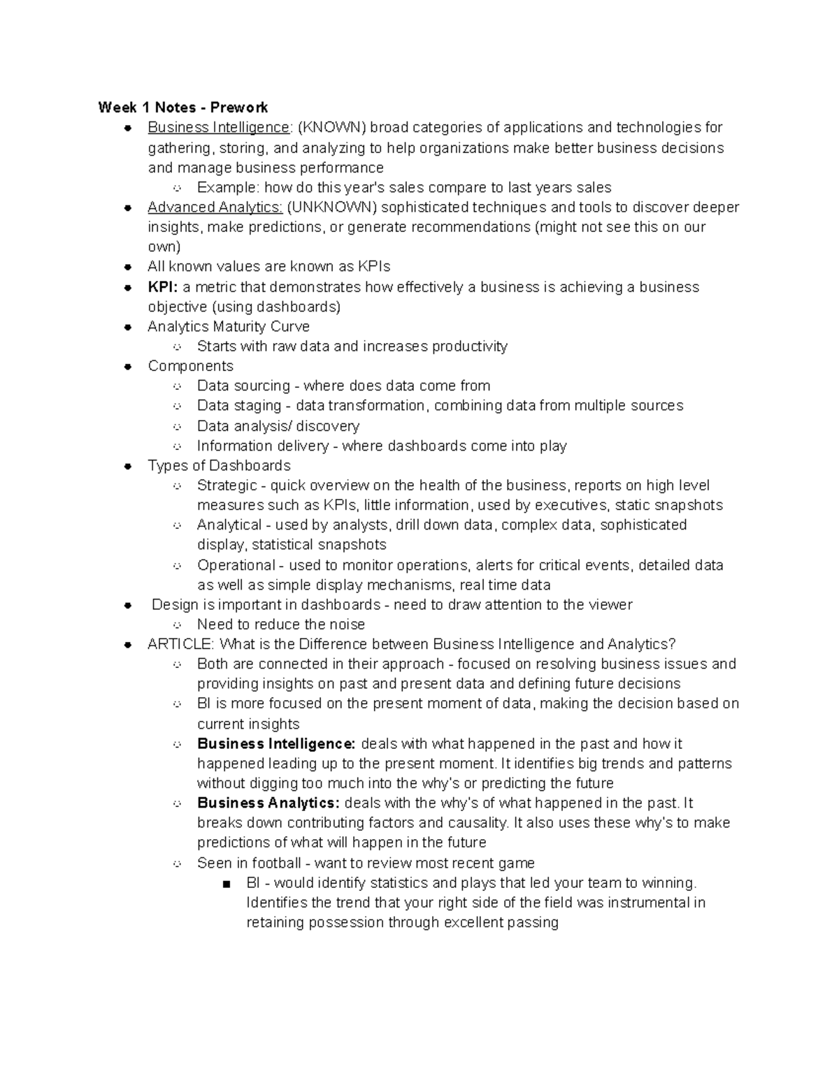 Business Intelligence Notes - Week 1 Notes Prework Business ...