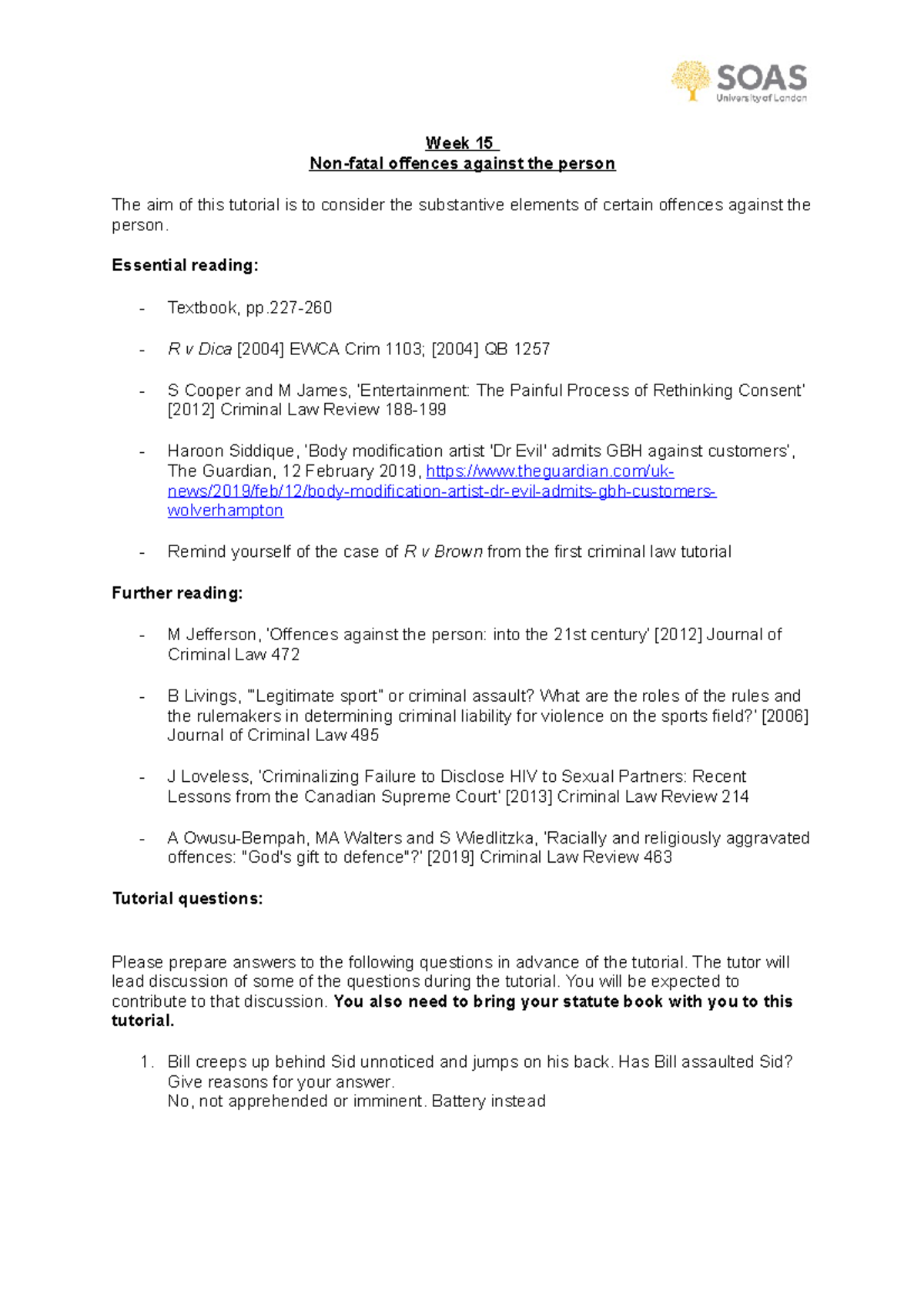 Week 15 tutorial sheet - law - Week 15 Non-fatal offences against the ...