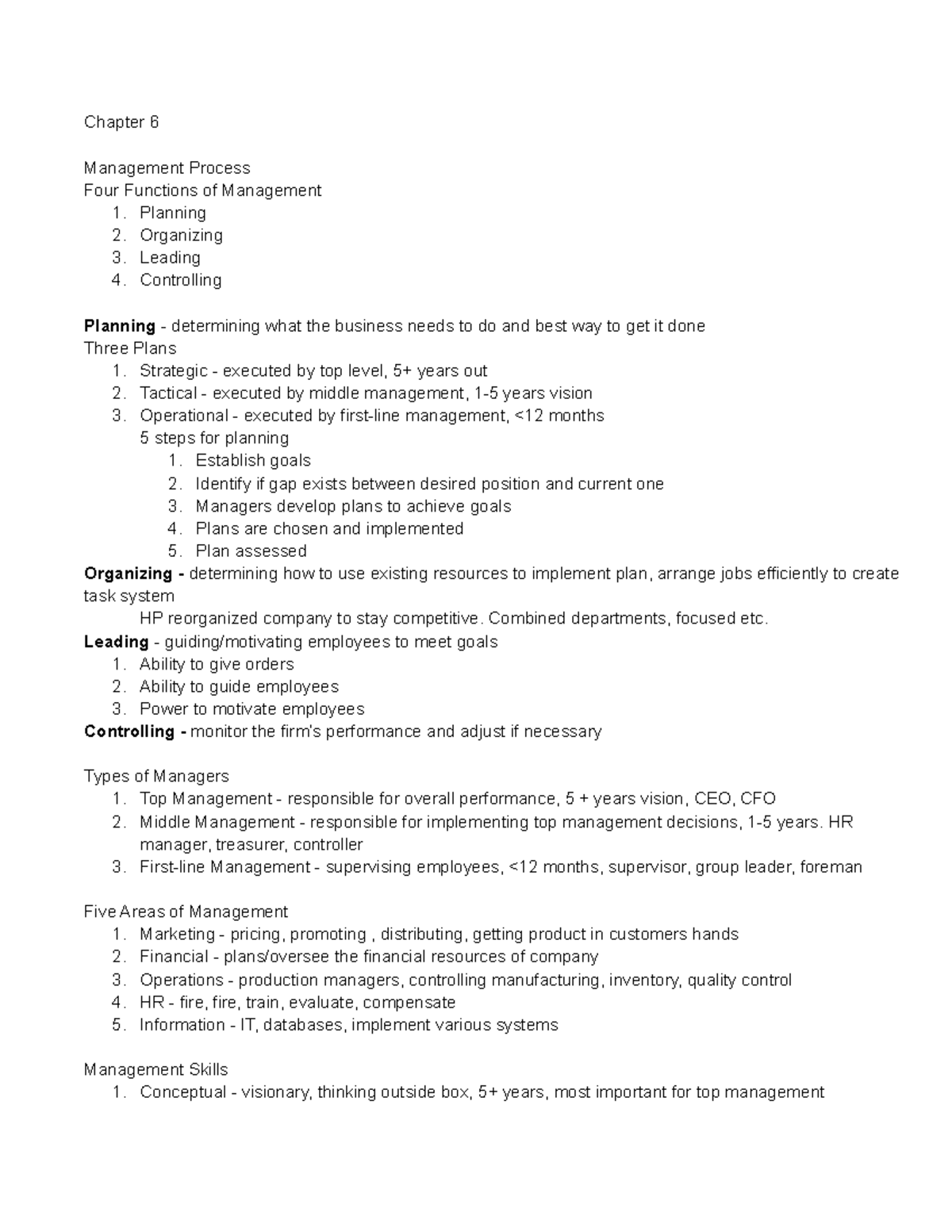 Chapter 6 exam review - Chapter 6 Management Process Four Functions of ...