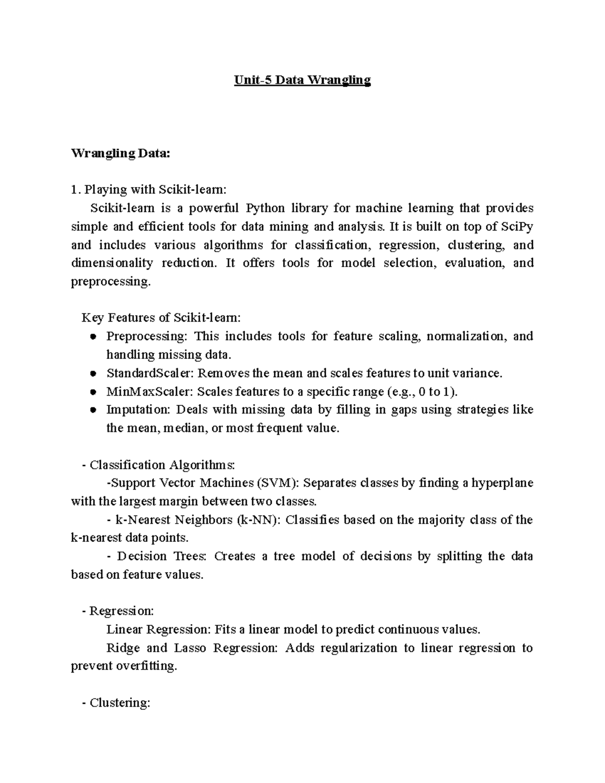 Unit-5 - Material - Unit-5 Data Wrangling Wrangling Data: 1. Playing with Scikit-learn: Scikit ...