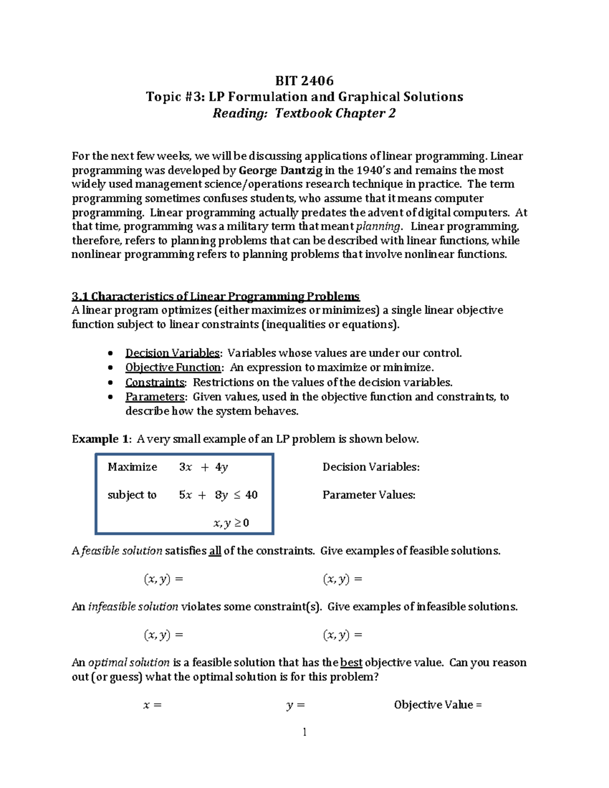 Topic 3 - LP Formulation and Graphical Solution - BIT 2406 Topic #3: LP ...