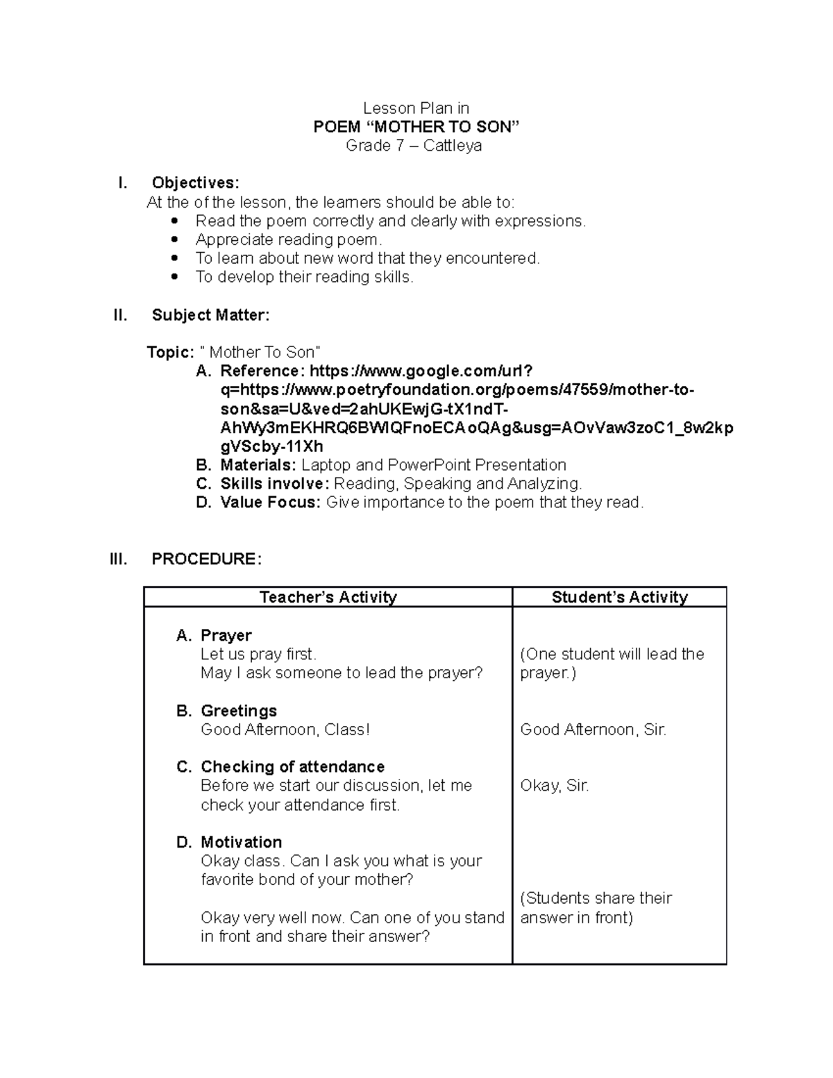 Lesson plan detailed russel poemmm 332 - Education - Studocu