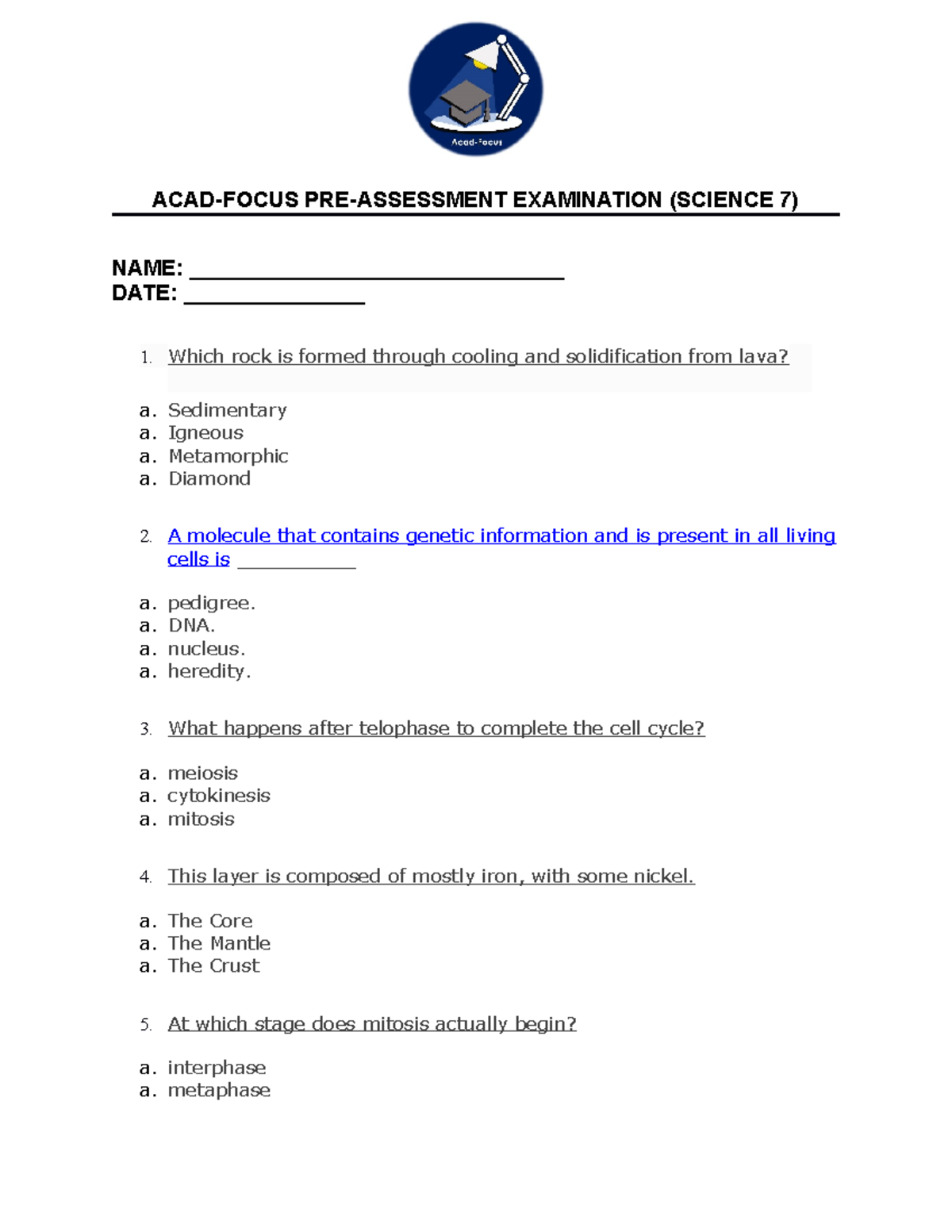 G7 science pre-assessment - ACAD-FOCUS PRE-ASSESSMENT EXAMINATION ...