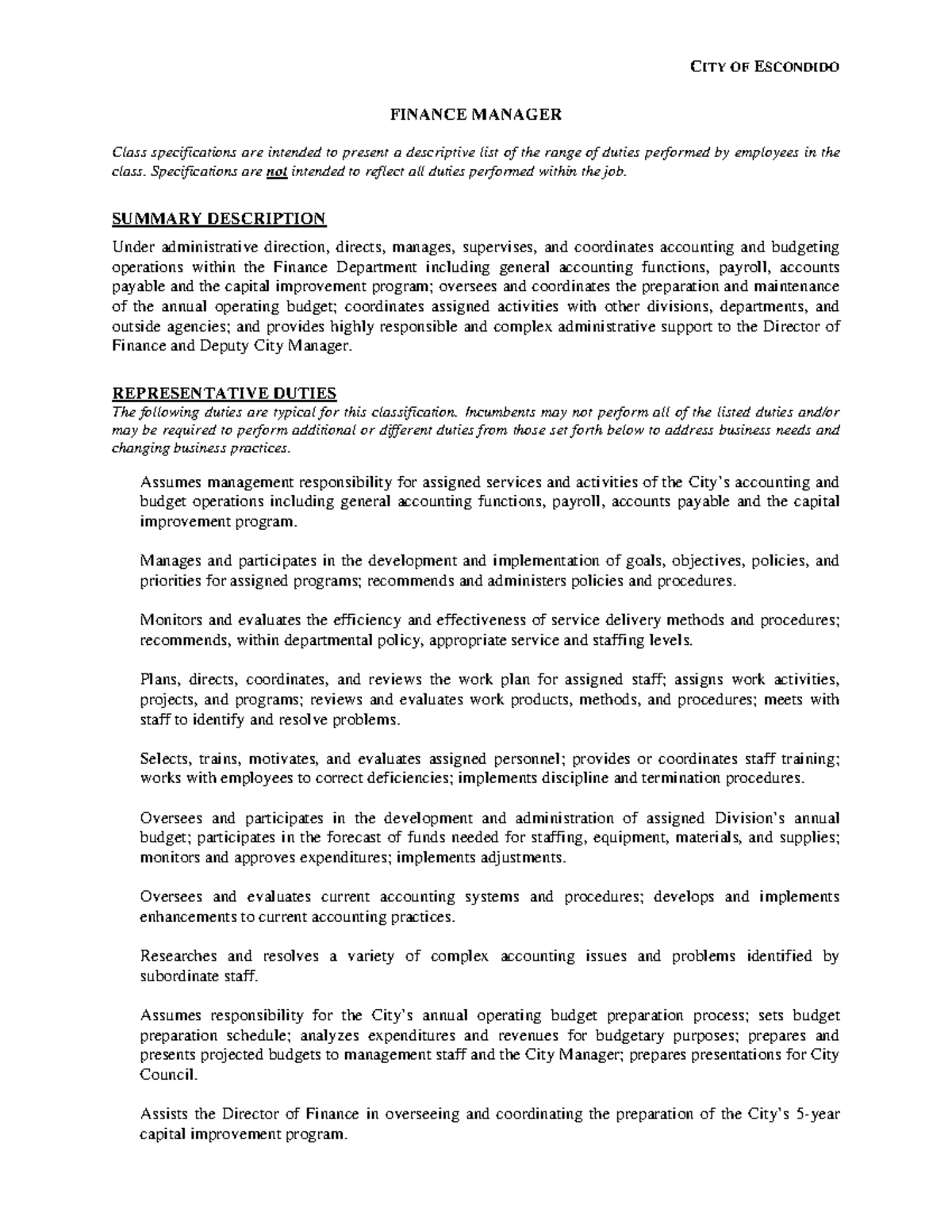 1 Job-Description of Finance Manager - FINANCE MANAGER Class ...