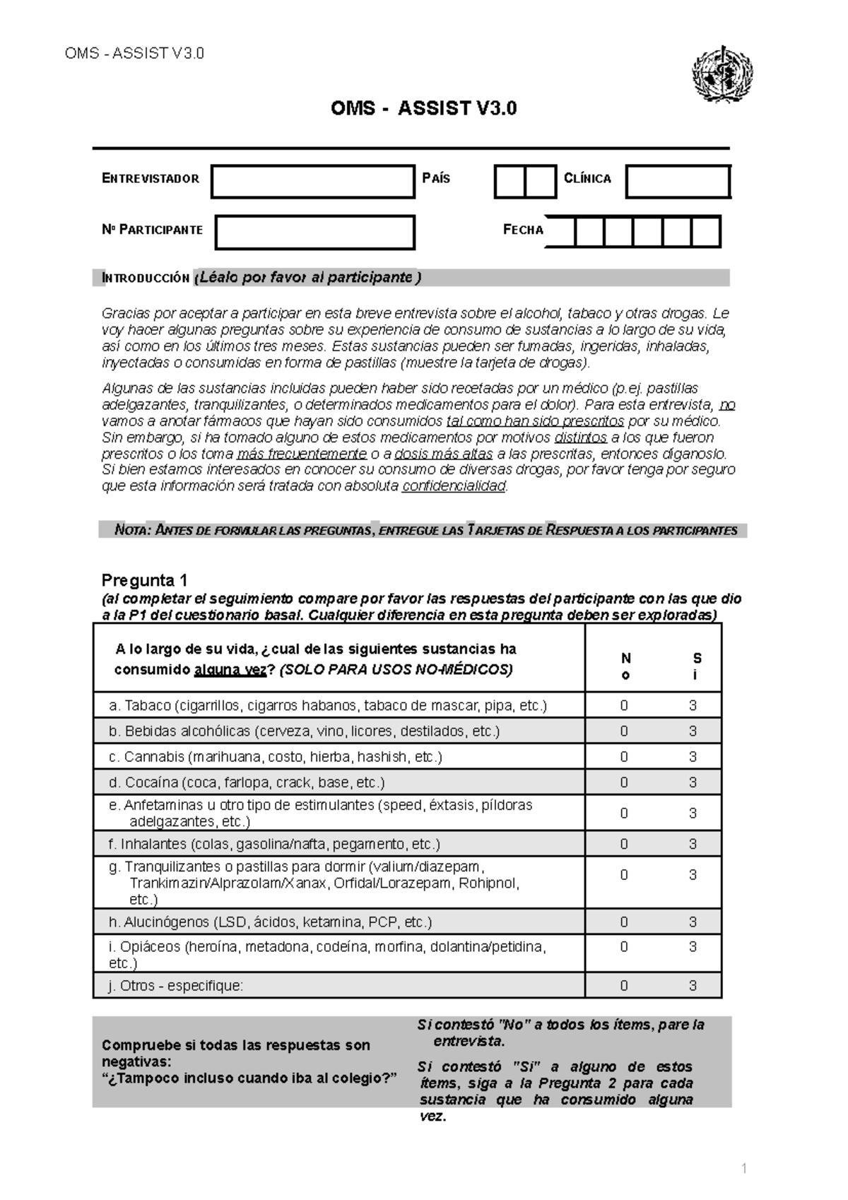 Assist test par alcohol - OMS - ASSIST V3. OMS - ASSIST V3 ...