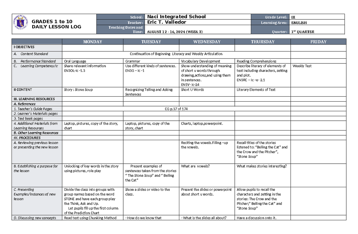 DLL English 3 Q1 W3 - Bachelor of Elementary Education - GRADES 1 to 10 ...