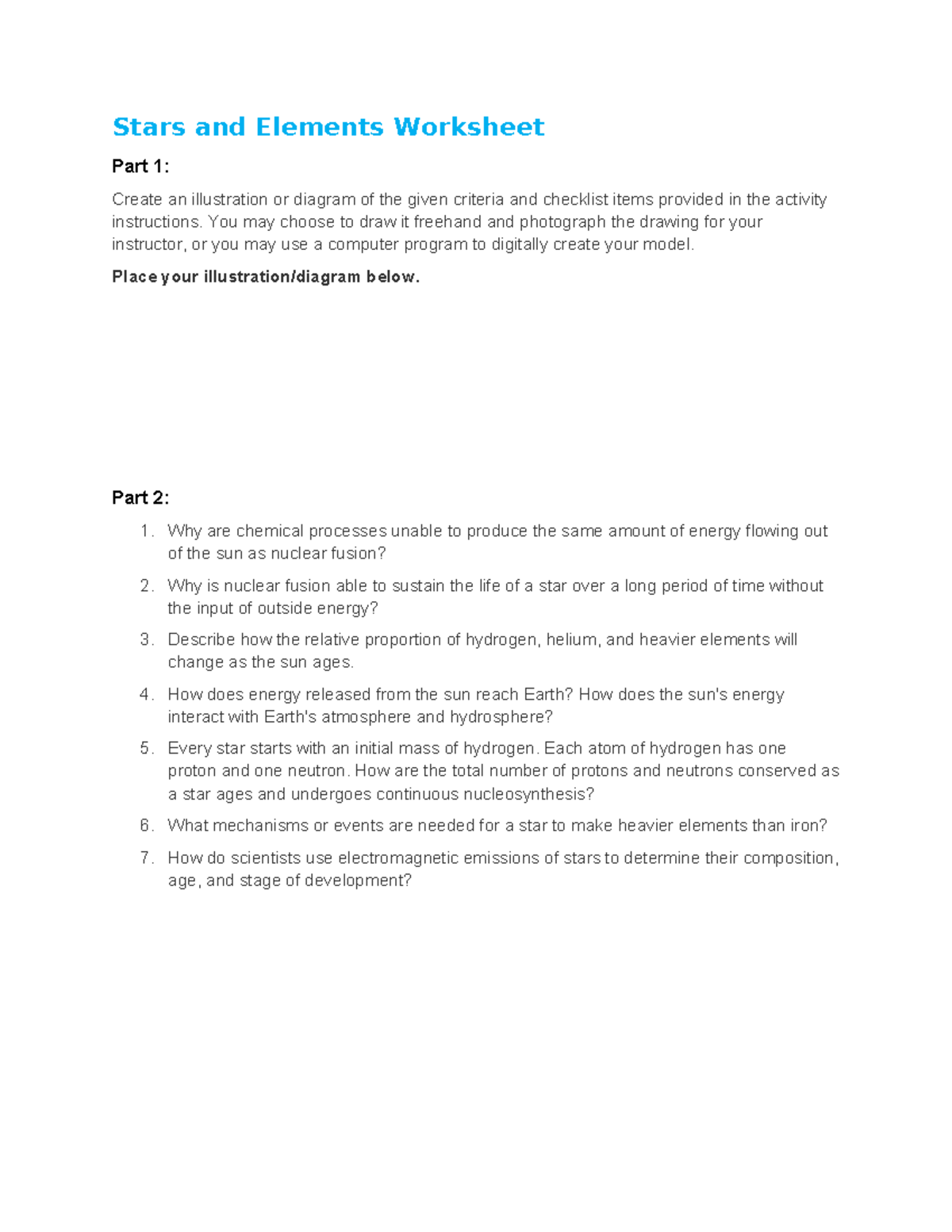 Stars elements worksheet - Stars and Elements Worksheet Part 1: Create ...