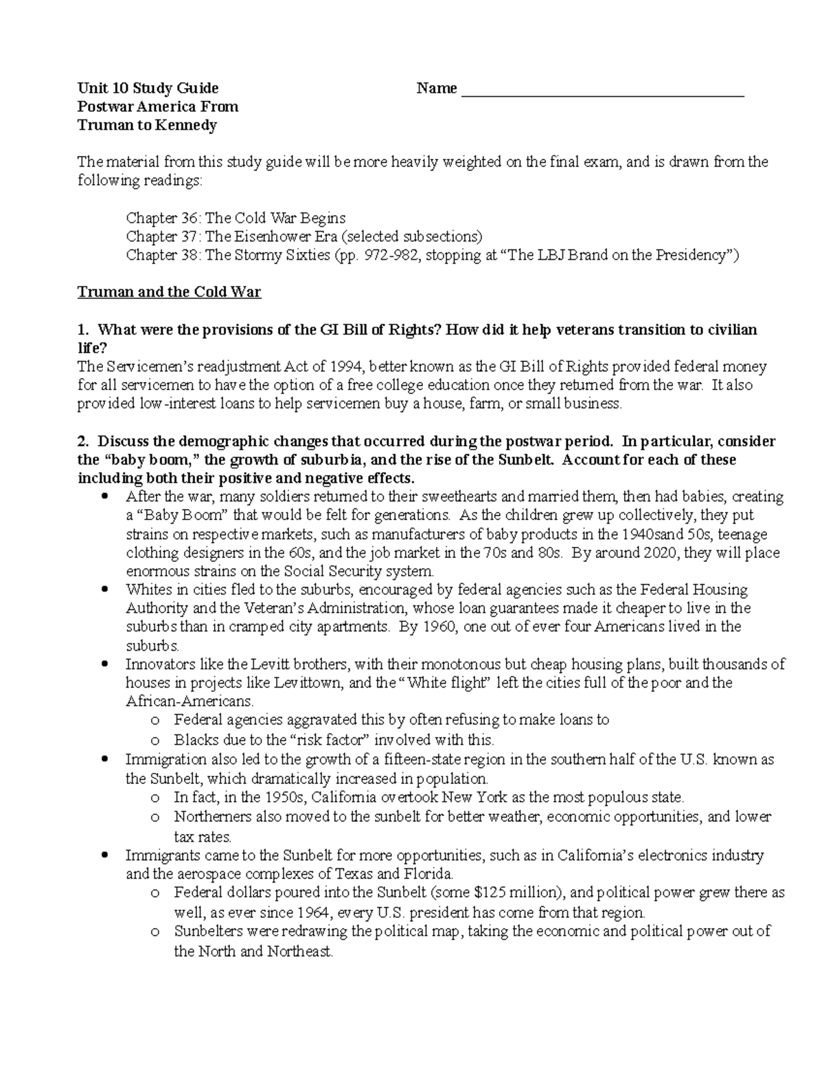 Unit 10 Study Guide - Lecture notes 10 - Unit 10 Study Guide Name - Studocu