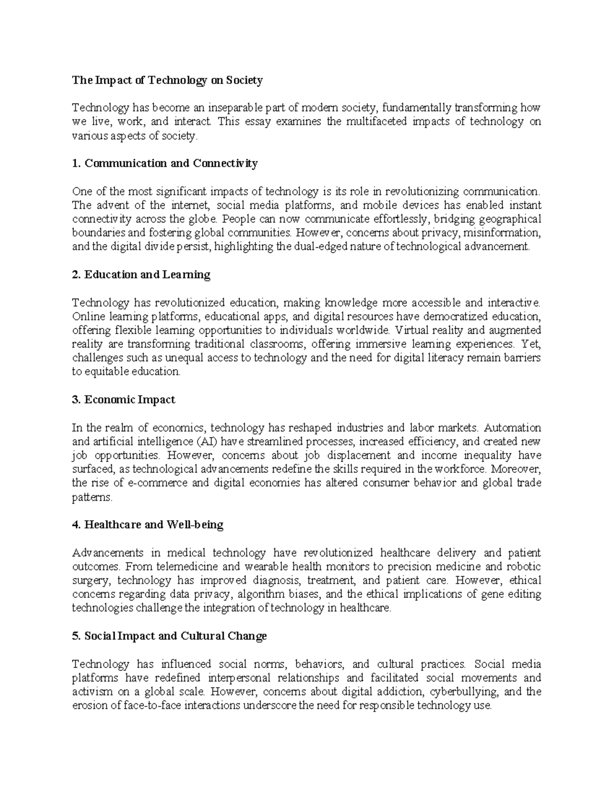 ECON ECON - essay - The Impact of Technology on Society Technology has ...