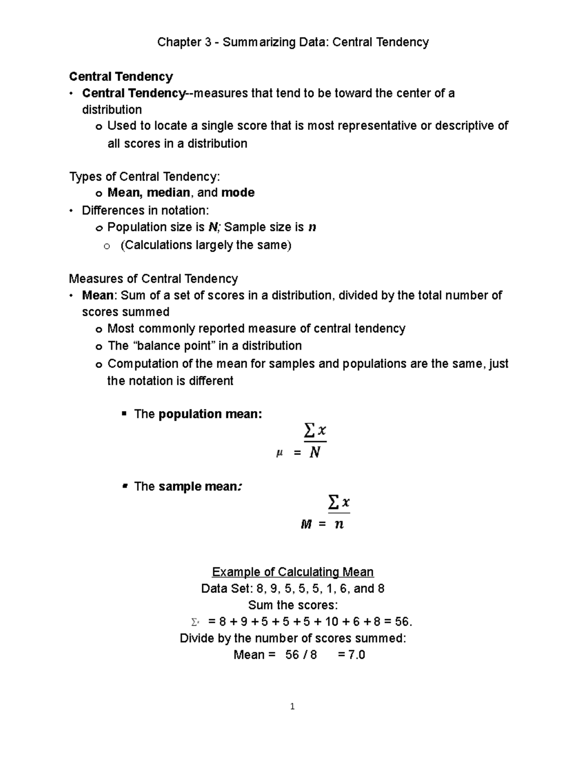 2021 Psyc 3500 Statistics Chapter 3 Notes 3a Central Tendency Central Tendency Measures That