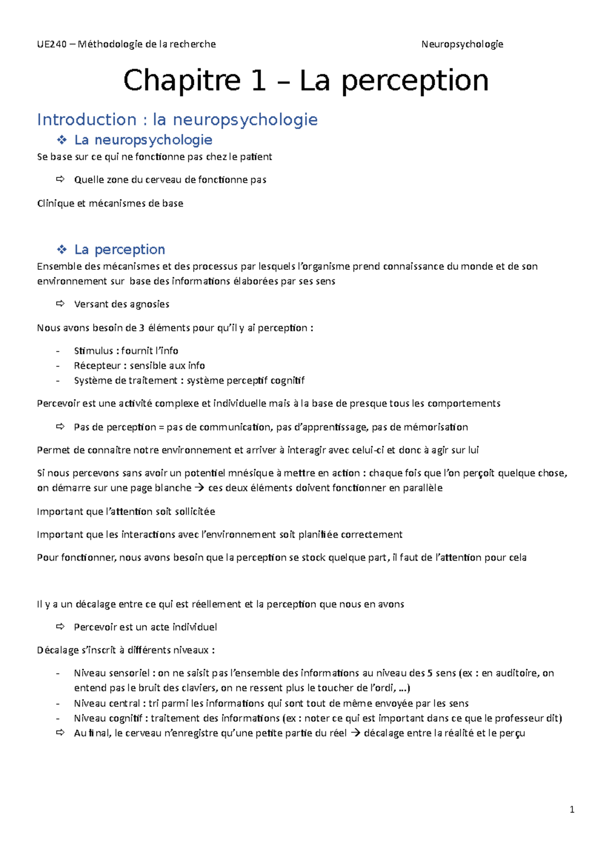 Chapitre 1 - La perception - Chapitre 1 – La perception Introduction ...
