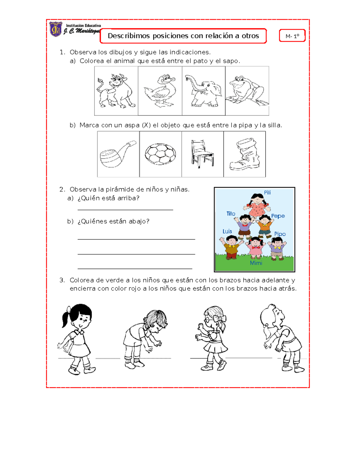 Reconocemos posiciones con relación a otros - 1. Observa los dibujos y ...