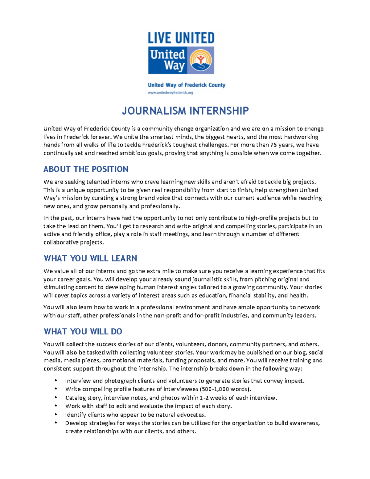 Journalism Internship 3 - JOURNALISM INTERNSHIP United Way of Frederick ...