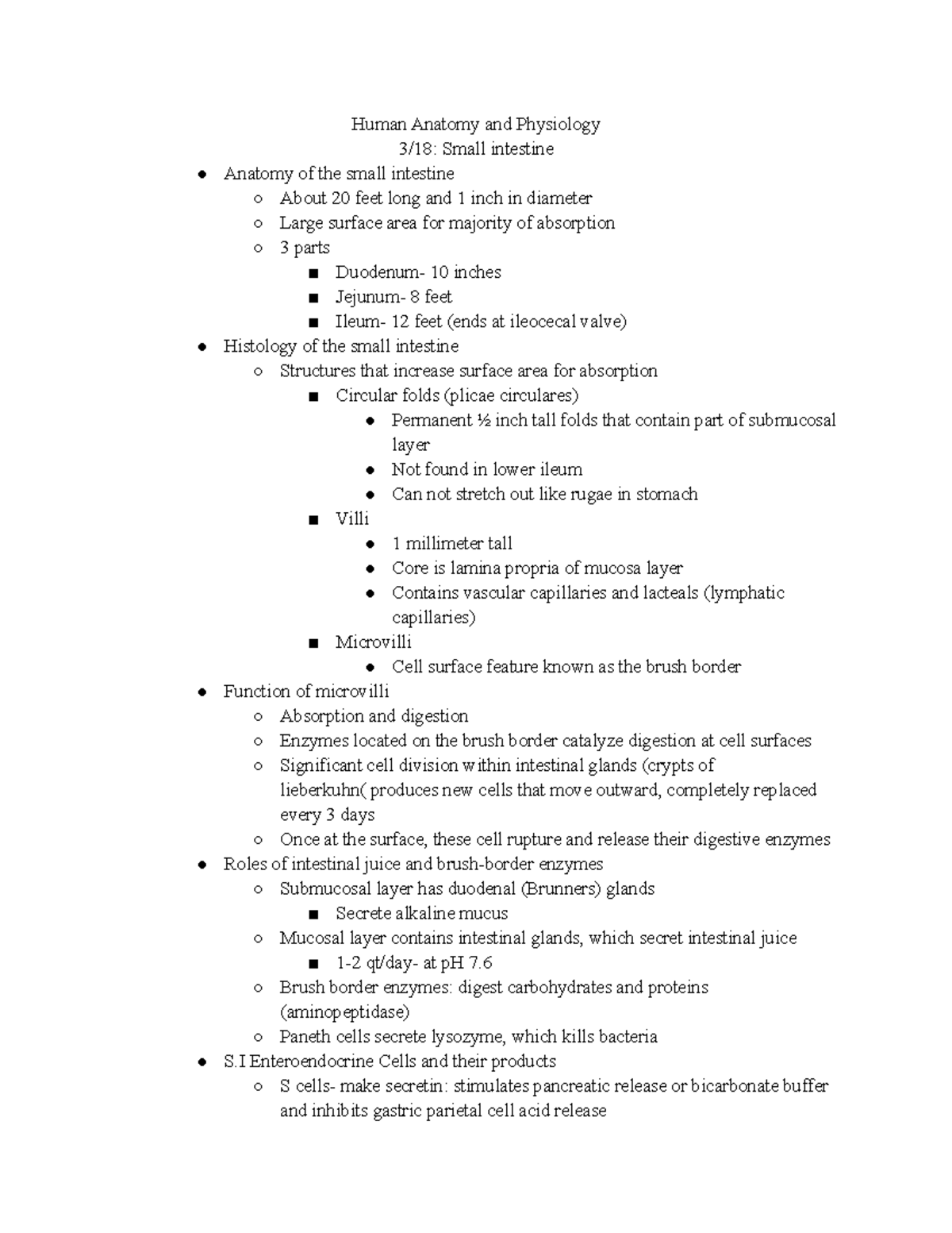 Anatomy and Physiology of the Small Intestine Lecture Notes - Human ...