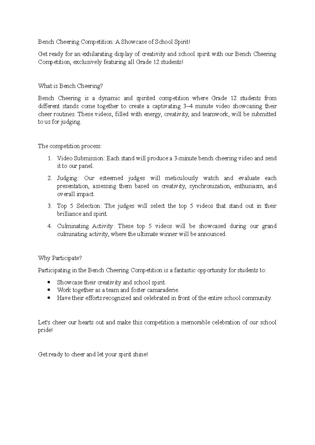 Bench Cheering Competition Rubrics - Bench Cheering Competition: A ...