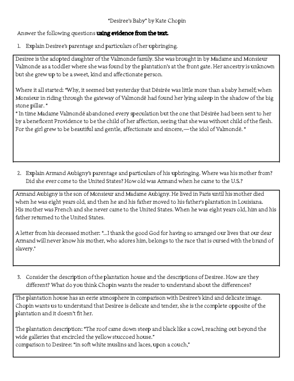 Copy of Desiree's Baby Questions - “Desiree’s Baby” by Kate Chopin ...