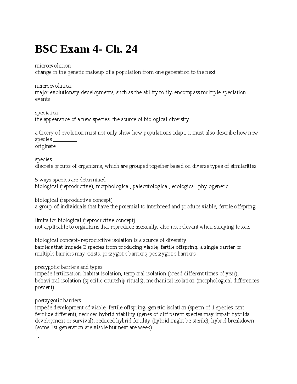 BSC Exam 4 - ch - notes - BSC Exam 4- Ch. 24 microevolution change in ...