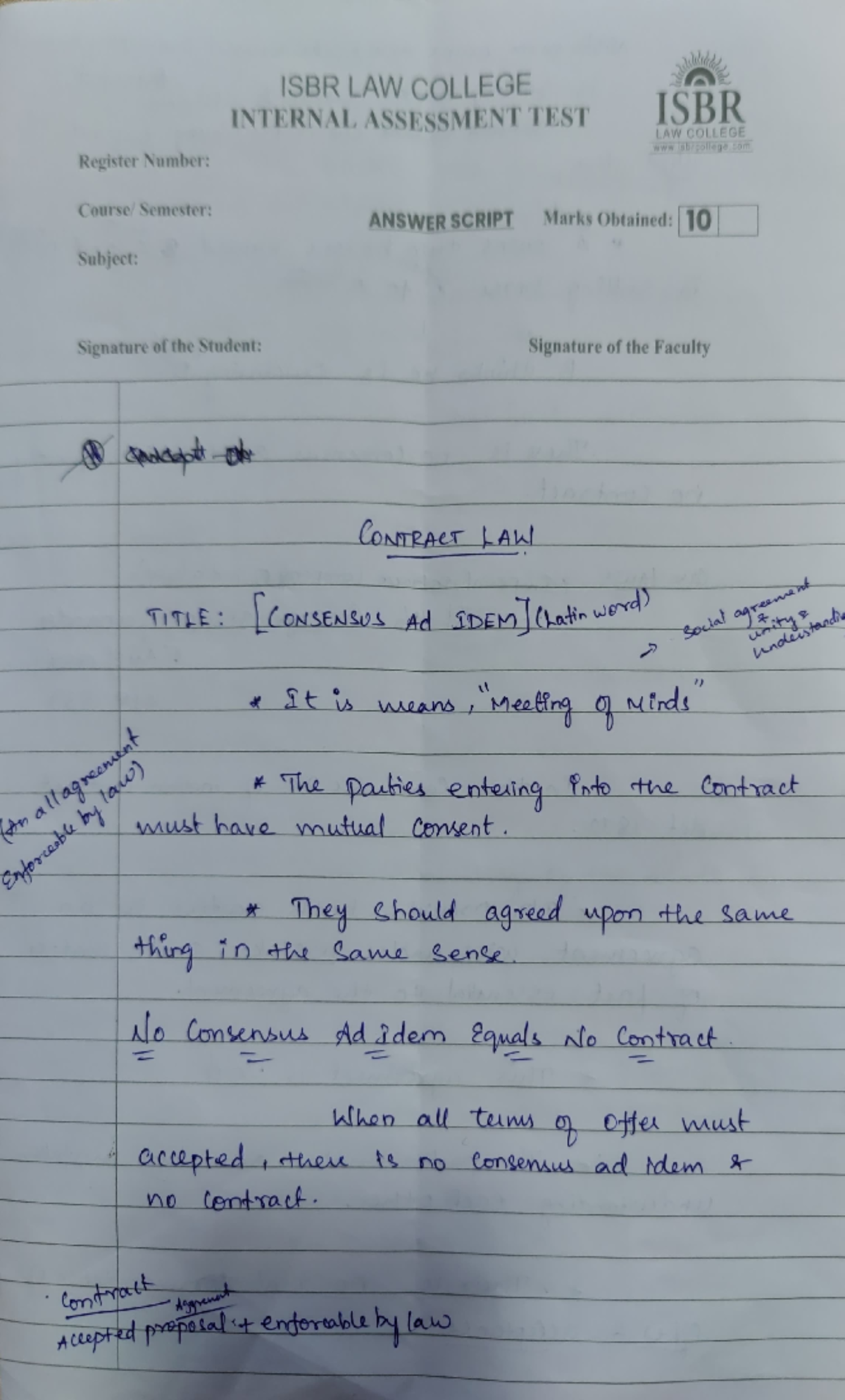 Consensus ad idem - ISBR LAW COLLEGE ####### INTERNAL ASSESSMENT TEST ...