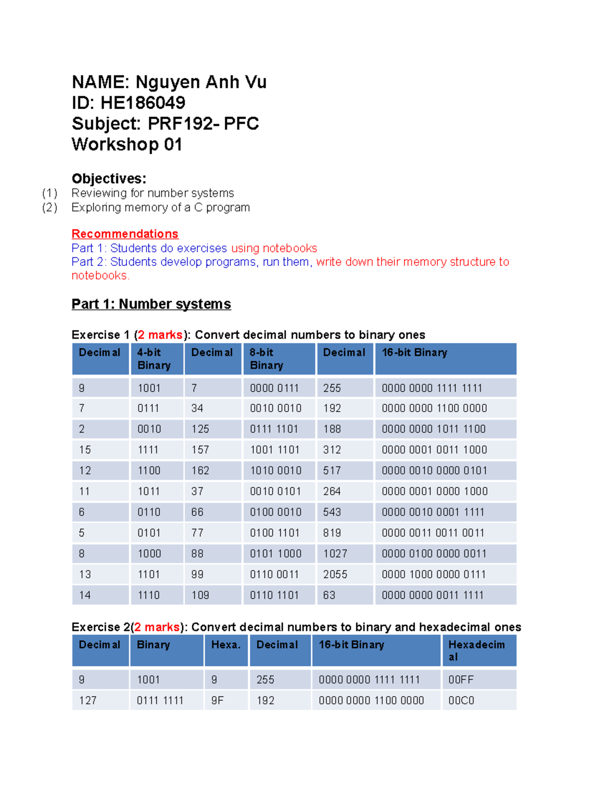 Workshop 01 Vu NAHE 186049 - NAME: Nguyen Anh Vu ID: HE Subject: PRF192 ...