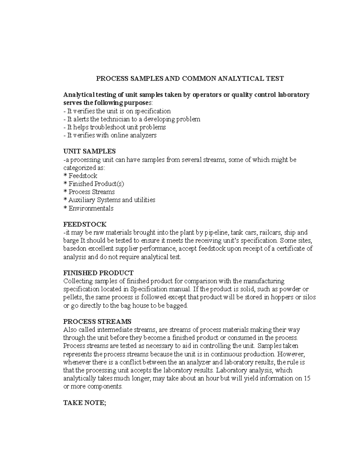 Process Control Application - PROCESS SAMPLES AND COMMON ANALYTICAL ...