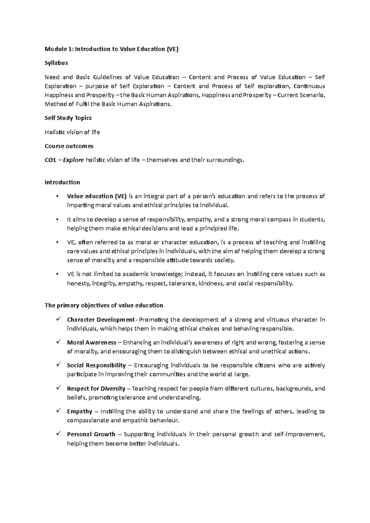 UHV 1st Unit Notes-1 - sample - Module 1: Introduction to Value ...