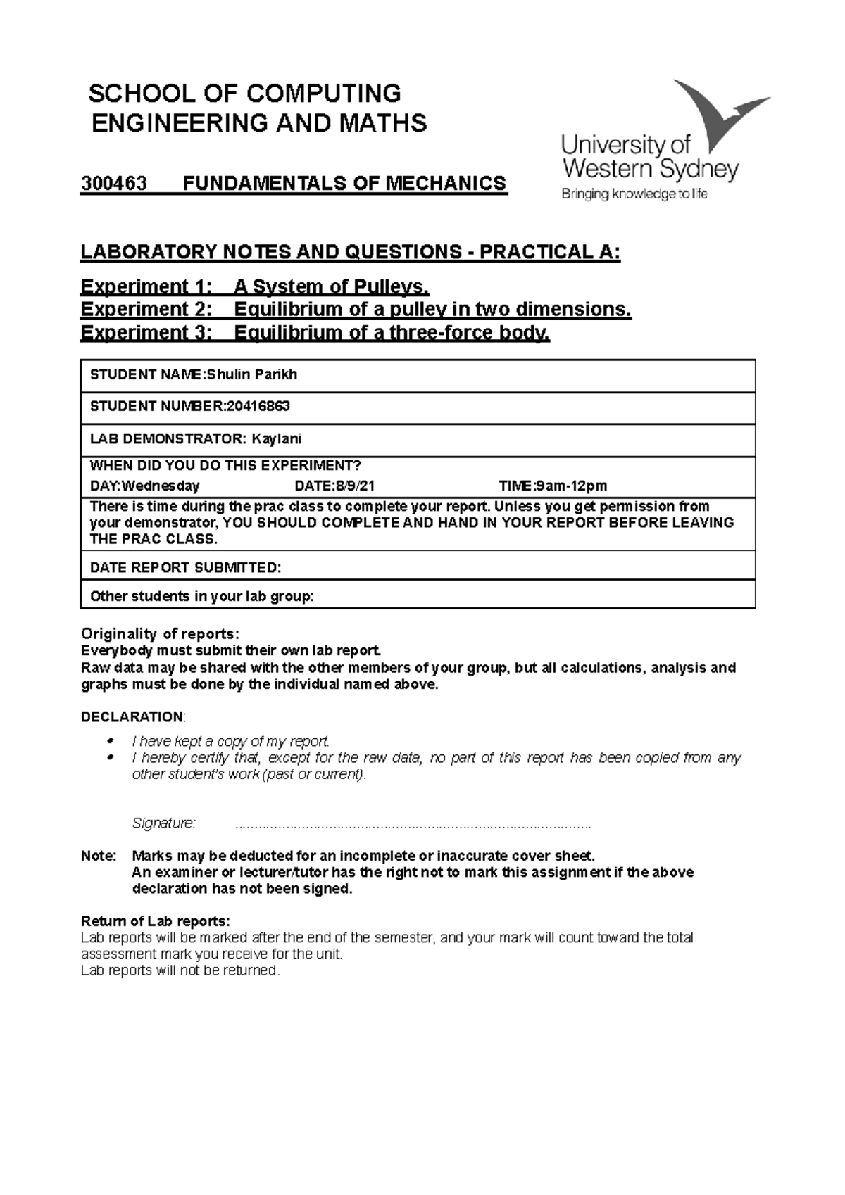 Fo M Practical Pt A 2021 - Prac 1 - SCHOOL OF COMPUTING ENGINEERING AND ...