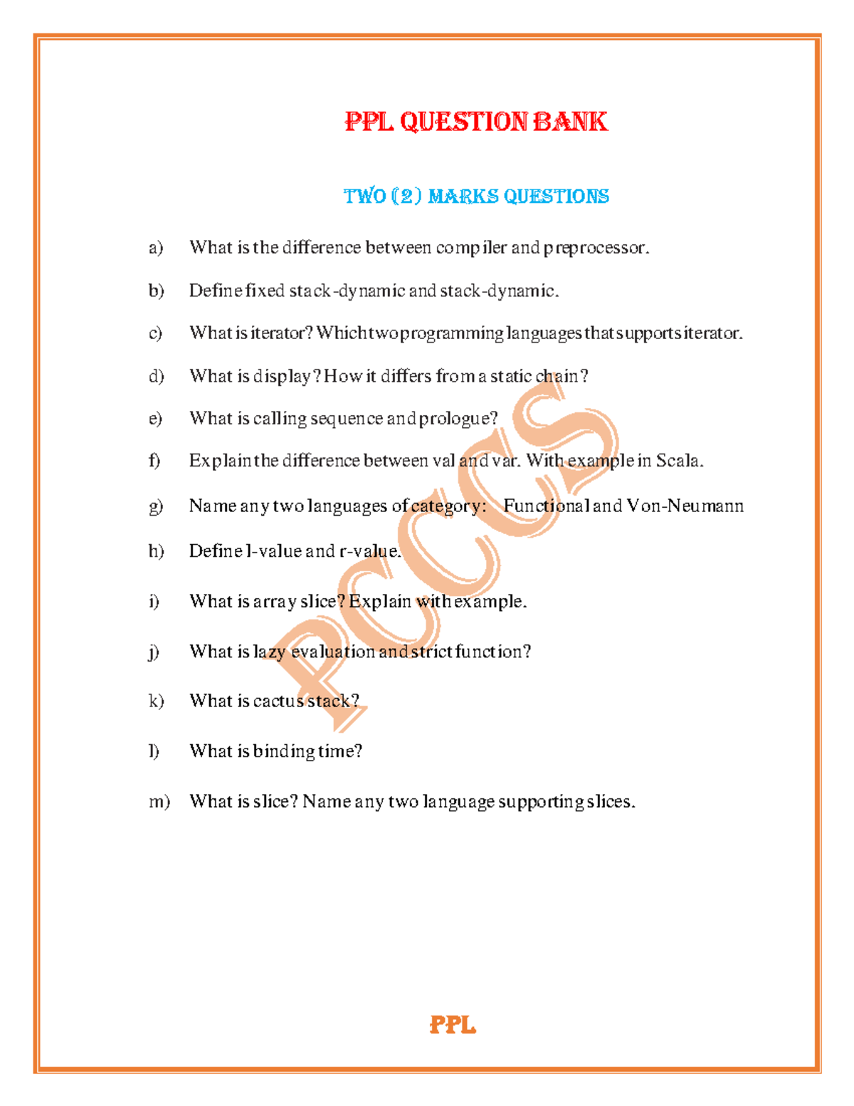 PPL Question Bank - PPL PPL Question Bank Two (2) Marks Questions a ...