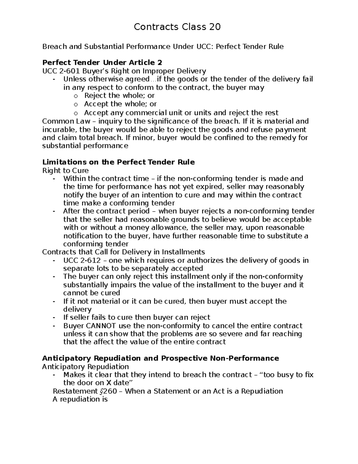 K Class 20 - Breach and Substantial Performance Under UCC: Perfect ...