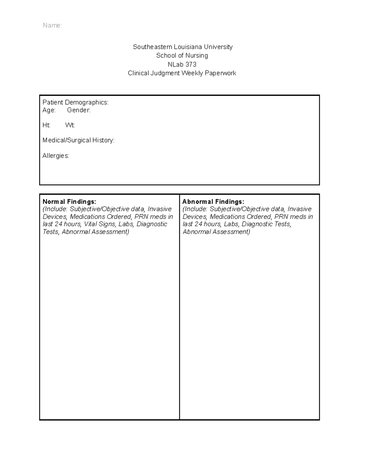Final 373 Clinical Judgement Paperwork - Southeastern Louisiana ...