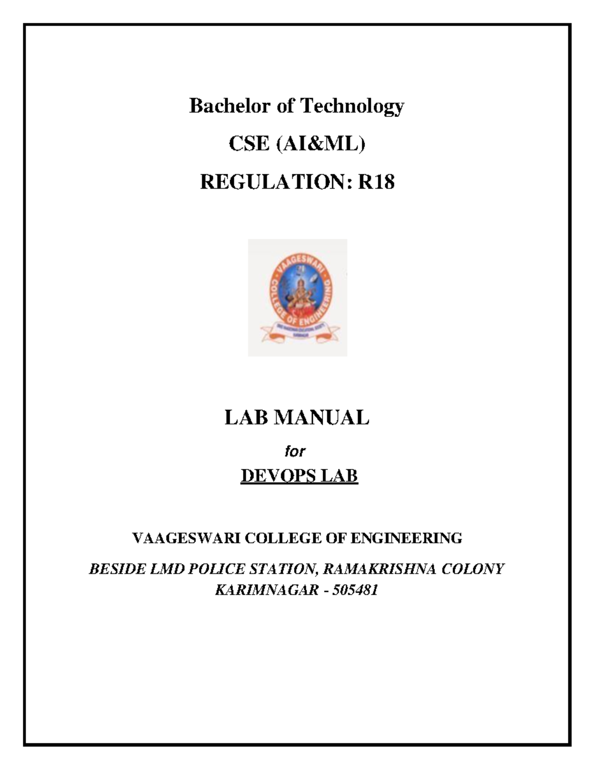 Devops lab mannual-1 - Lab Manual - Bachelor of Technology CSE (AI&ML) REGULATION: R LAB MANUAL ...